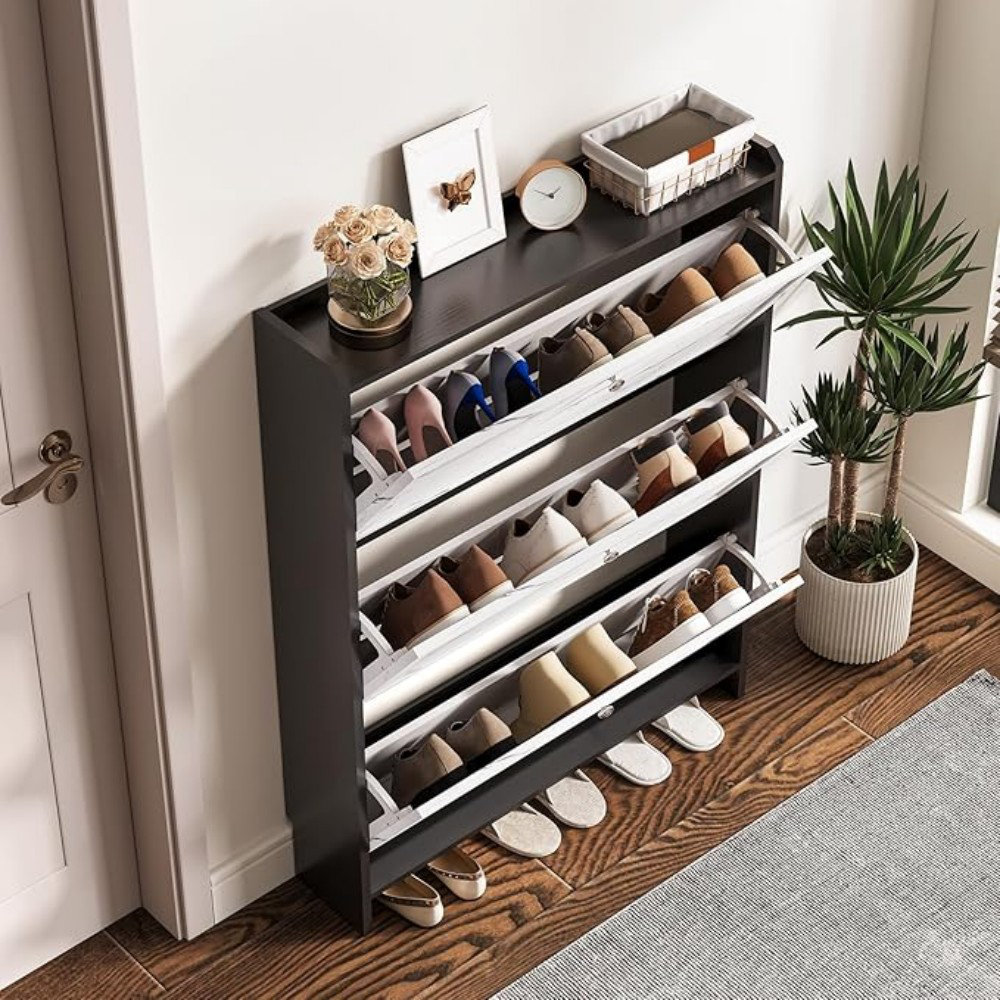 Ivy Bronx [Marble Shoe Cabinet] Flip Drawers Marble Effect Veneer Shoe ...